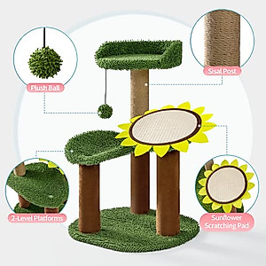 Made4Pets Cactus Cat Tree, Green Cat Tower with Plush Perch for Small Indoor Kittens, Cat Scratcher with 2 Levels Platform for Kitty, Sunflower Scratching Pad and Sisal Post