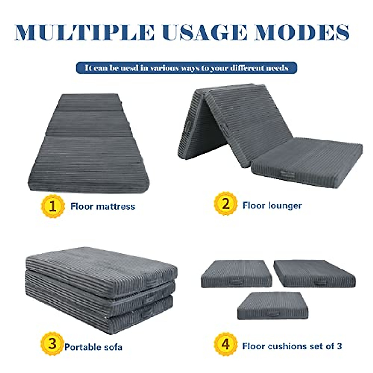 MeMoreCool Folding Mattress 4-Inch Memory Foam Foldable Mattress, Tri-Folding Mattress Futon/Camp/Travel Mattress Topper, Portable Mattress Floor Bed Couch for Guest, Cushion & Floor Mattress 2 in 1