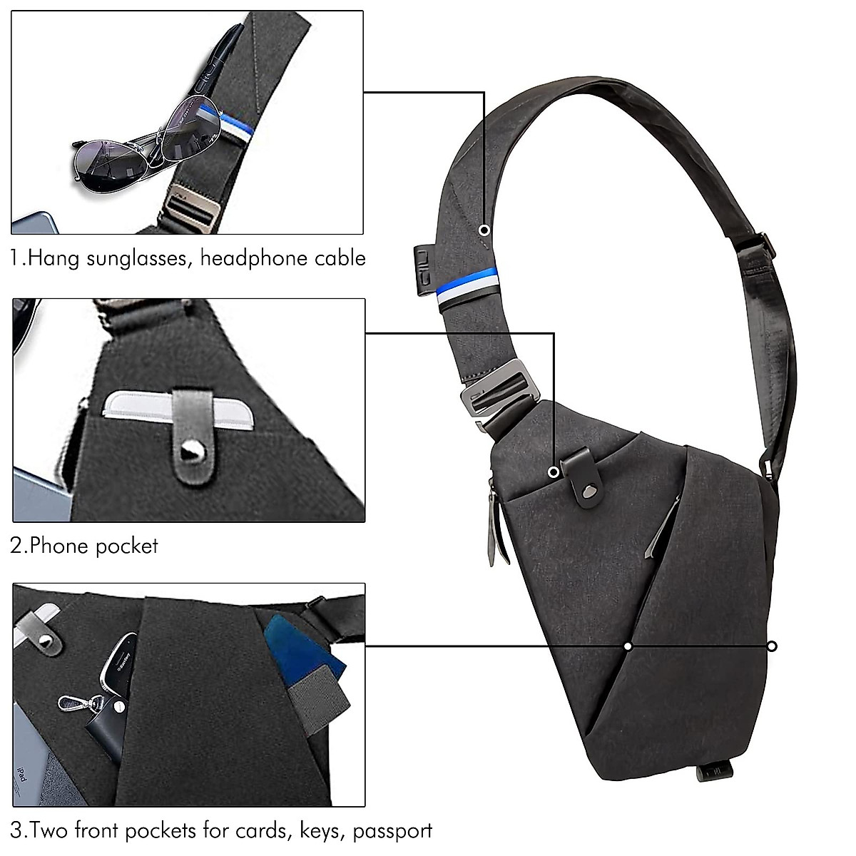 NIID-FINO NEO Sling Shoulder Crossbody Bag Chest Bag Slim Backpack Multipurpose Daypack (Meteorite black, Right Hand)