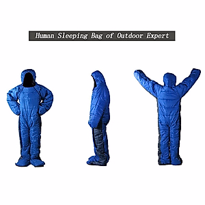 72" Large Wearable Human Sleeping Bag Zipped Foot Opening Design Free Size Ultralight Hoodie Quilted Warm Thermal Coat for Adults Winter or Outdoor 4 Season Camping