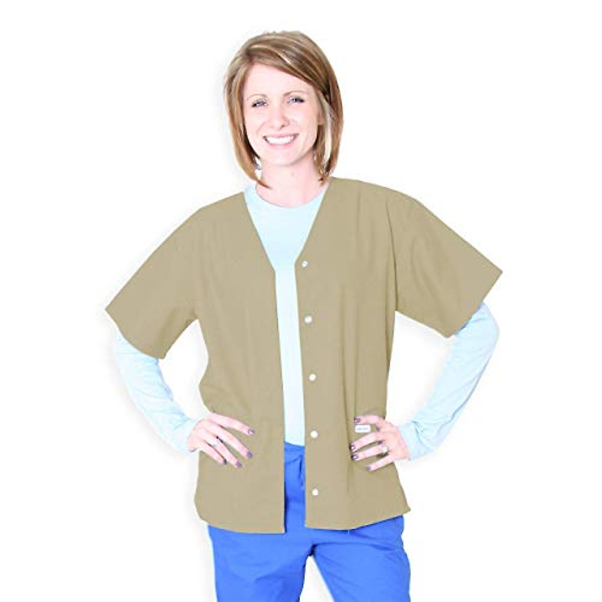 SPECTRUM UNIFORMS Scrub Tops Tunic Tops with Snap Front Women V-Neck Soft Fabric Ideal for Medical Professionals, Hospital and Lab Work Wear- 218C Khaki