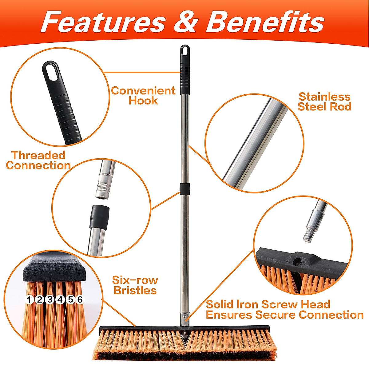 LUCHIA 18” Heavy Duty Push Broom with 65” Adjustable Stainless Steel Handle | Flagged Bristles for Indoor & Outdoor Broom for Floor Cleaning with Brooms, Gloves & Cloth | Orange