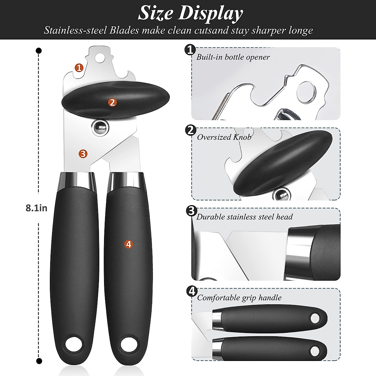 Jiaying Can Opener with Oversized Turn Knob and easy to grip with Comfortable Soft Handle,The Manual Handheld Can Opener, Sharp Cutting Wheel Built-in Bottle Opener—Black