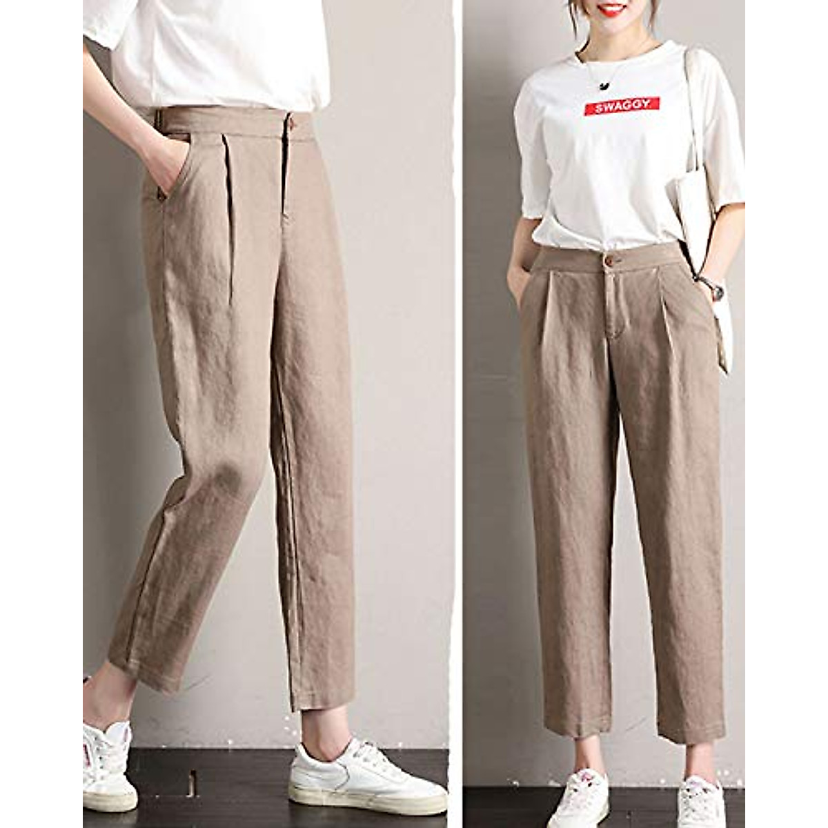 IXIMO Women's Tapered Pants 100% Linen Front Pleated with Button Closure Elastic Waist Trousers Dark Khaki Large