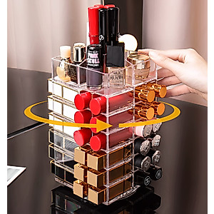 Sooyee Lipstick Organizer,53 Spaces 360 Degree Spinning Lipstick Holder,Acrylic Cosmetic Display Cases for Lipstick, Brushes, Bottles, and more,Clear