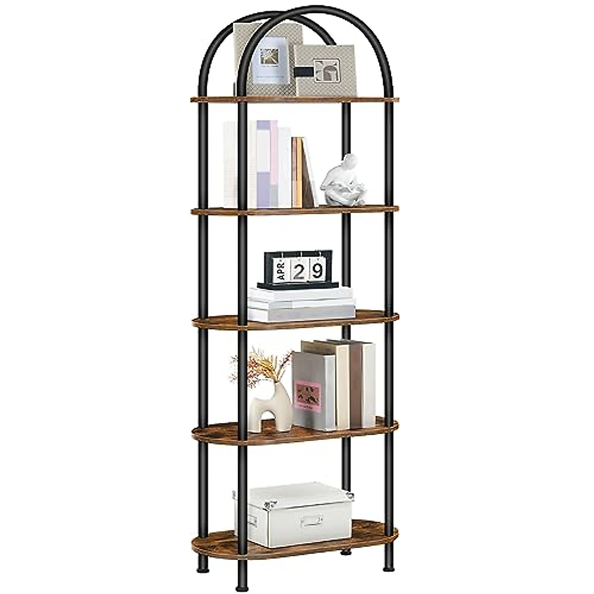 HOOBRO 5 Tier Bookshelf, Industrial Bookcase Arched, Tall Standing Bookshelves and Bookcases, Open Storage Shelves, Wooden Book Shelf for Bedroom, Living Room, Rustic Brown Bookshelf BF176SJ01