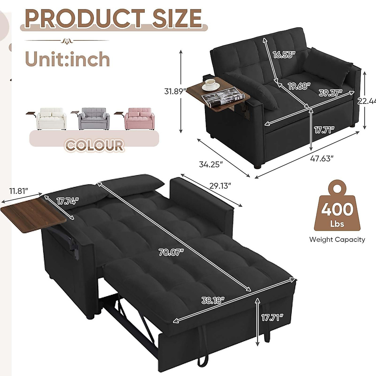 Antetek 3 in 1 Convertible Sofa Bed w/360° Rotating Side Table, 47" Modern Velvet Loveseat Sofa, Small Sleeper Pullout Bed w/Adjustable Backrest for Living Room Apartment, Office, Small Space, Black