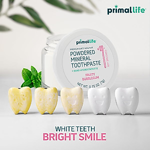 Primal Life Organics - Dirty Mouth Toothpowder, Tooth Cleaning Powder, Flavored Essential Oils with Natural Kaolin & Bentonite Clay, Good for 200+ Brushings, Organic, Vegan (Sweet Bubblegum, 0.25 oz)