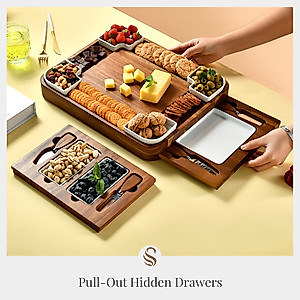 Shanik Upgraded Acacia Cheese Board Set, Square Shaped Charcuterie Set, Cheese Platter, Handcrafted Design and Stainless Steel Cutlery Set - Gift For any Occasion without engraving