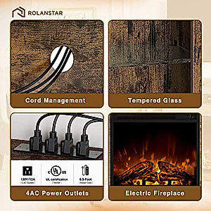 Rolanstar Fireplace TV Stand with Led Lights and Power Outlets, TV Console for TVs up to 65", Entertainment Center with Adjustable Glass Shelves, Rustic Brown