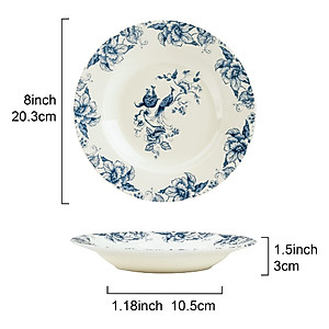 fanquare 8" Bone China Soup Bowls Set of 4, Rimmed Soup Plates Set for Salad, Pasta, Ramen, Blue Porcelain Floral Deep Plates