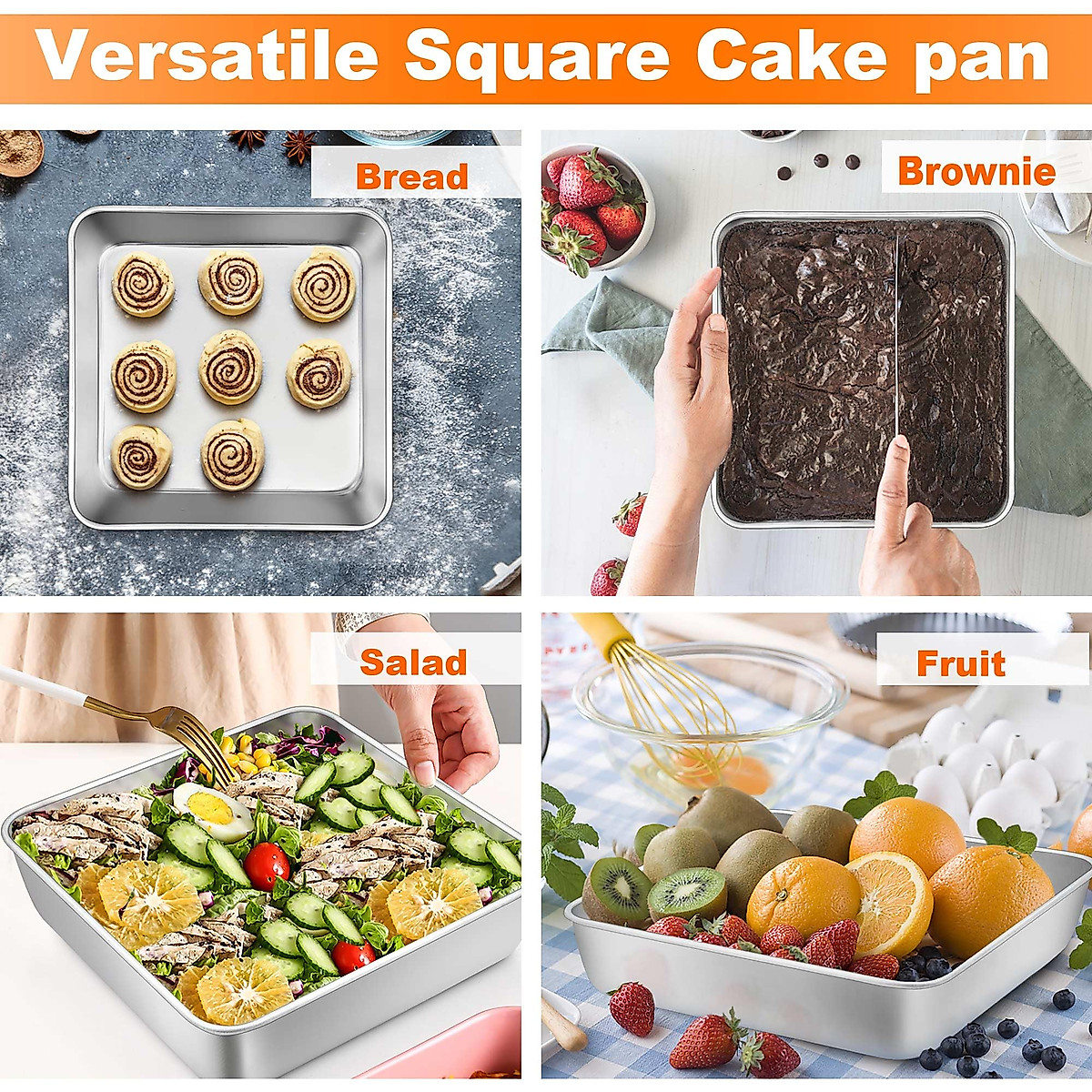 TeamFar Square Cake Pan, 6/8 / 9 Inch Stainless Steel Square Baking Pan for Cake Brownie Lasagna, Non-Toxic & Heavy Duty, One Piece Design & Deep Wall, Smooth & Dishwasher Safe – Set of 3