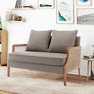 Aklaus 45" W Fabric Small loveseat with Natural Rattan Arms,Upholstered Modern Mini Sofa Linen Couch Taupe Settee Bench with Back for Living Room Bedroom Office Small Space Entryway Grey Brown