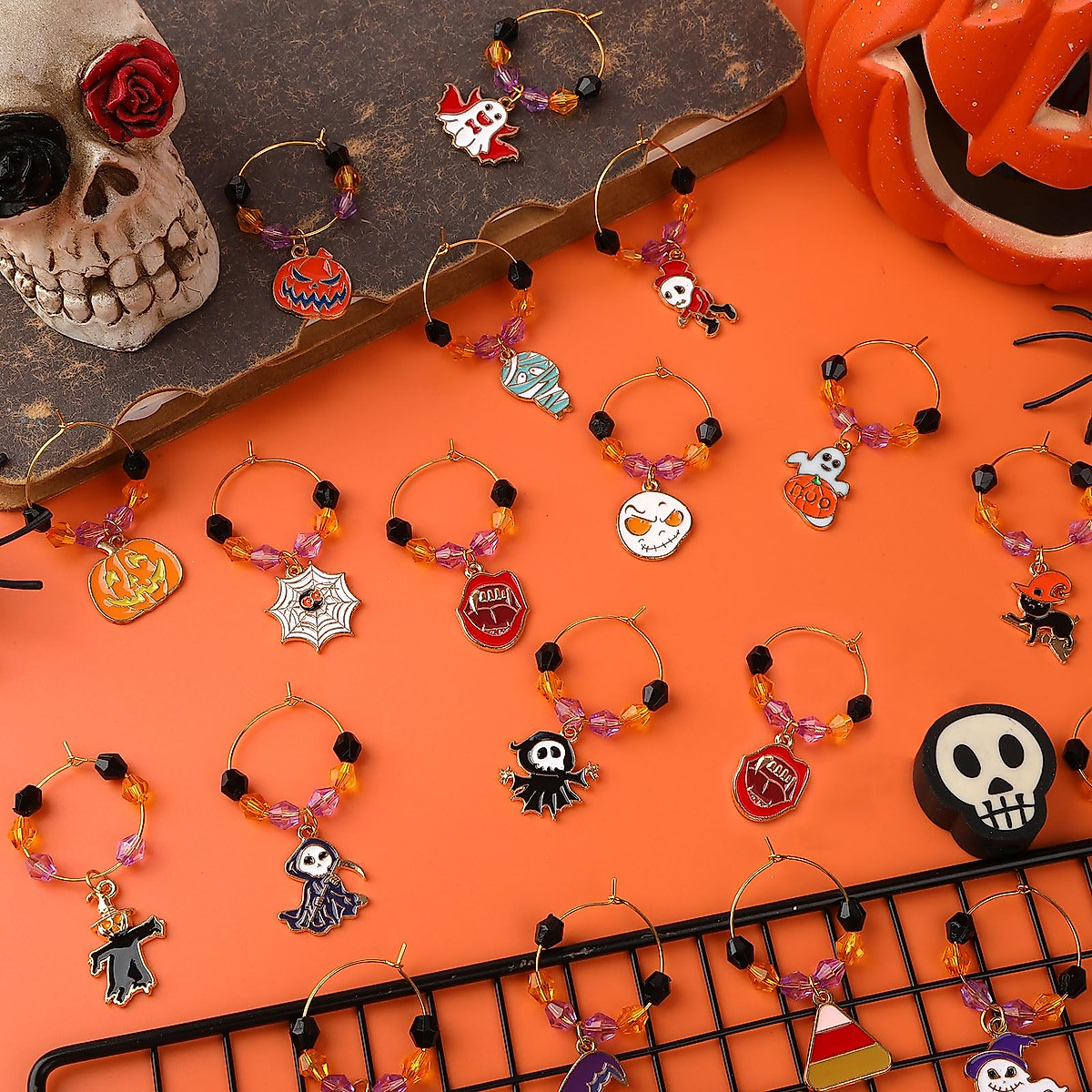 SANNIX 24Pcs Halloween Wine Charms, Halloween Wine Glass Charms for Stem Glasses, Wine Glass Markers Wine Charms for Halloween Wine Party Decorations