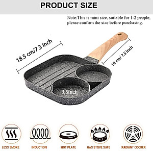JUSTUP Nonstick Egg Frying Pan, 3-in-1 Nonstick Pan Divided Grill Frying Pan, Heat Resistant Handle 3 Section Skillet Mini Pancake Pan, Cooking Pan for Breakfast, Egg, Bacon and Burgers, 7.3 in