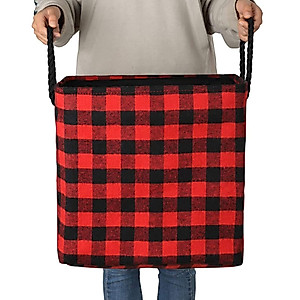 Large Rectangular Foldable Storage Laundry Baskets with Cotton Rope Handles Nursery Soft Felt Fabric Bins Delicate Home Organizer Solution, Red Black Grid, L