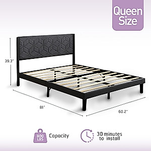 ZFAEUL Queen Size Platform Bed Frame with Fabric Upholstered Headboard and Strong Wooden Slats Support,Mattress Foundation,No Box Spring Needed,Easy Assembly, Black
