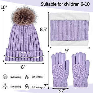 Kids Winter Knit Beanie Hat Scarf and Gloves Set for Girls Boys Warm Thick Fleece Lined Thermal Purple Skull Cap Mittens Infinity Scarf Neck Warmer with Pompom for 6-10 Years Old Baby Toddler Children