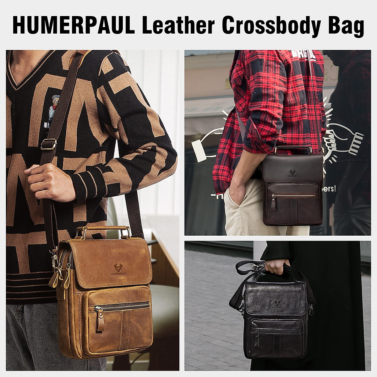 HUMERPAUL Genuine Leather Crossbody Sling Bag Messenger Man Purse Handbags for Mens Zipper Shoulder Bag for Work Business (Brown)