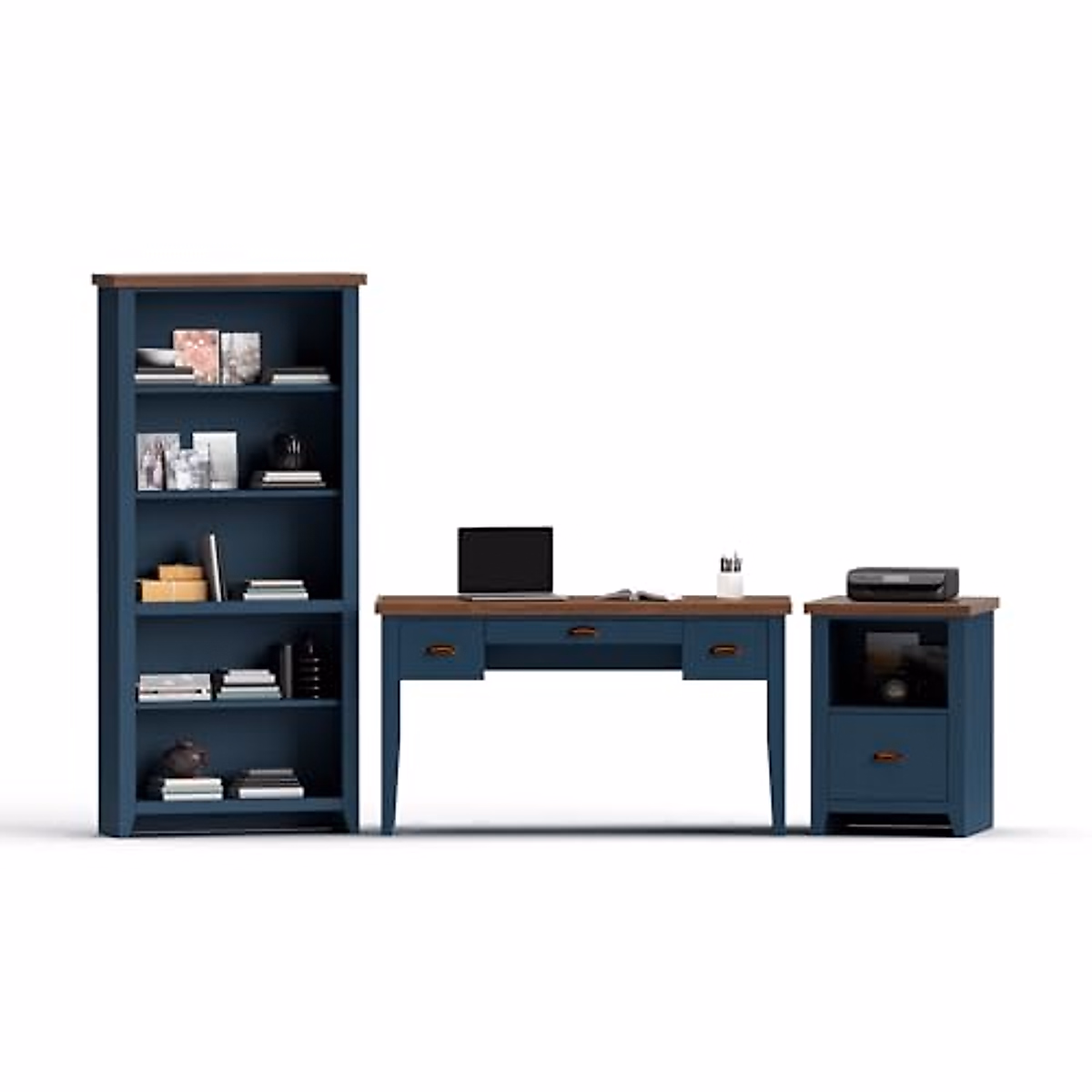 Bridgevine Home Desk, Nantucket Modern Farmhouse 3-Drawer Writing Desk, Small Desk 53 Inches, Fully Assembled Wooden Desk with Drawers, Poplar Solid Wood Desk, Blue Denim and Whiskey Finish