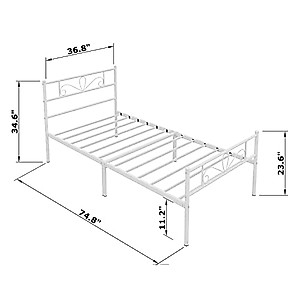 MTB 12 Inch Premium Twin Size Bed Frame Metal Platform Mattress Foundation, with Headboard and Footboard, Heavy Duty Iron Slats Easy Assembly, White