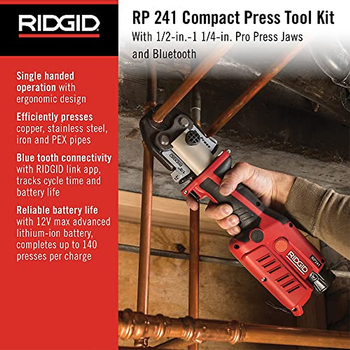 RIDGID 57363 Model RP 241 Compact Press Tool Kit with 1/2" to 1-1/4" ProPress Jaws, Battery, and Charger, Compact Pressing Tool with Bluetooth Connectivity