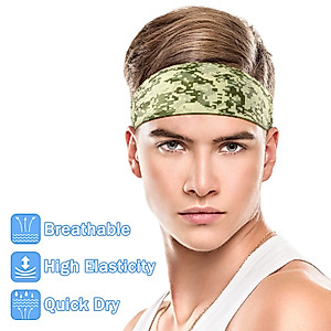 Sweatbands, Workout Sport Headbands for Men Camo Sweat Absorbing Headband Wide Sweatband for Head Basketball Football Cycling Running Yoga, 4.7 x 9.8 Inch (Mixed Style)