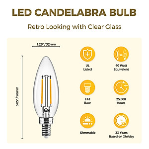 Hizashi Candelabra LED Light Bulbs 40 Watt Equivalent, E12 Base Chandelier Light Bulbs 2700K Soft White, Dimmable LED Candelabra Bulbs, B10, 90+CRI, 4W, 450LM, UL Listed, 12 Pack