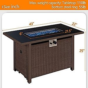 Yaheetech 43 Inch 50,000 BTU PE Rattan Propane Fire Pit with Tempered Glass Tabletop and Rain Cover, Gas Fire Pit with Lid and Fire Glass for Outdoor Heating/Patio/Terrace, Auto-Ignition, Brown