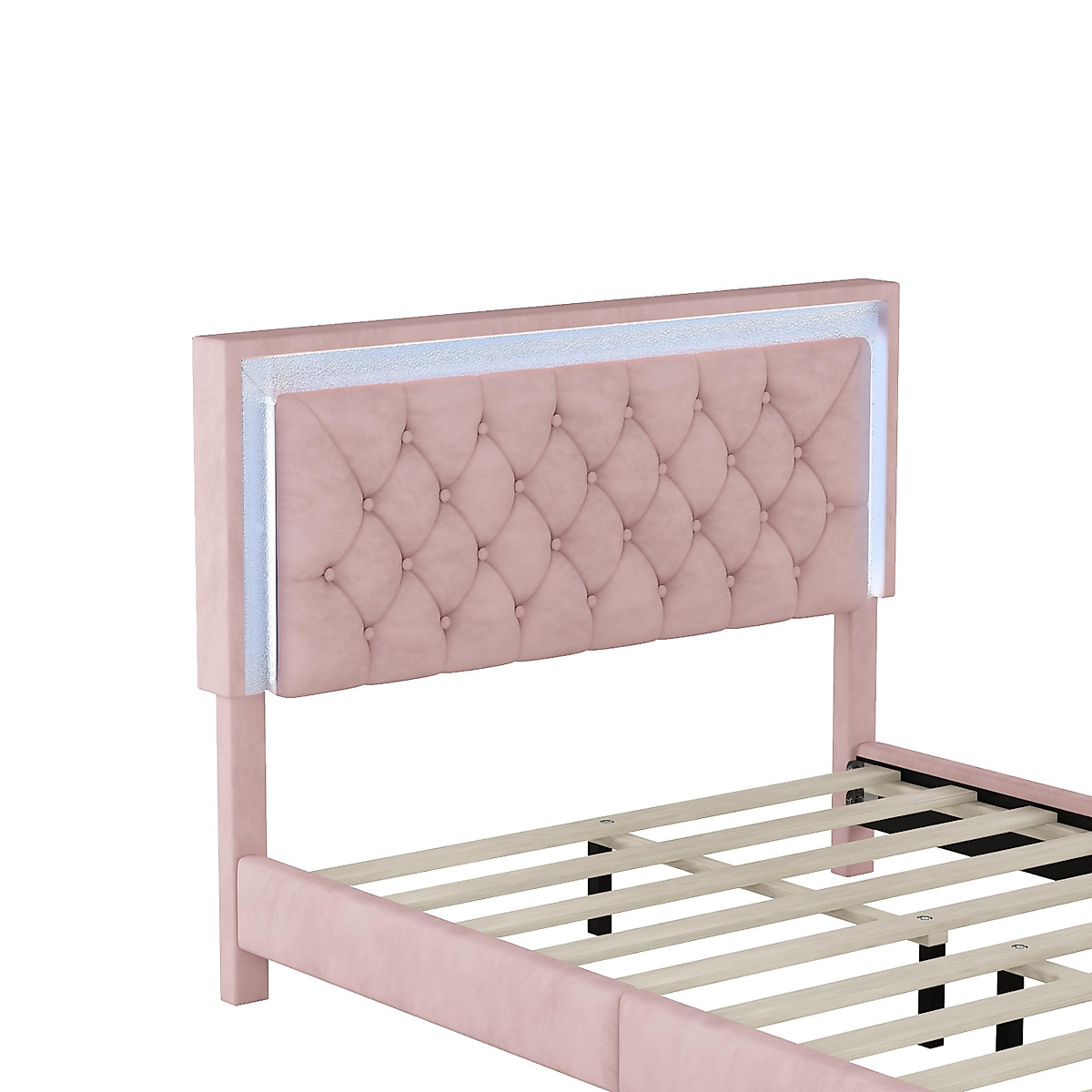 BEDGJH Upholstered Full Size Bed Frame with LED Lights, Modern Velvet Platform Bed with Tufted Headboard, Perfect for Kids Teens Girls & Boys Bedroom,No Box Spring Needed/Easy Assembly (Pink, Full)