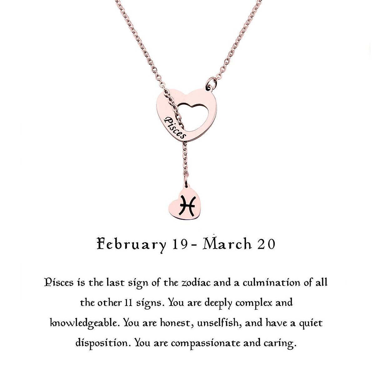 ENSIANTH Rose Gold Zodiac Signs Heart Necklace Stainless Steel Lariat Y Necklace Best Birthday Gift (Pisces)