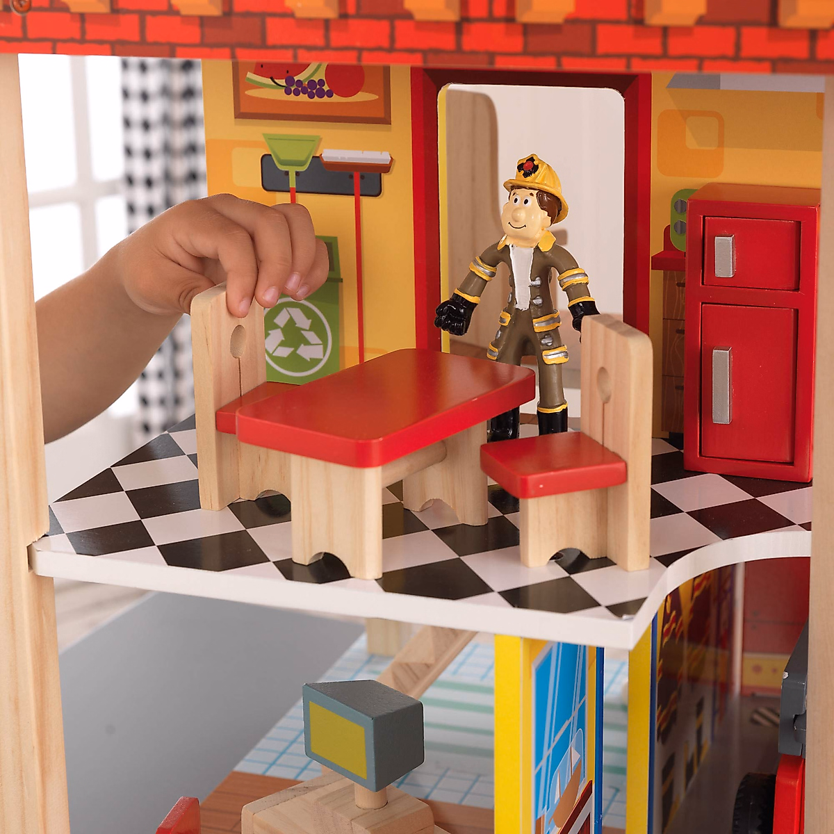 KidKraft Wooden Fire Station Set for 360 Degree Play - Wooden Construction, Working Garage Doors, Bendable Figures, Young Children Toy, Comes with Instructions, Scree Free Toy, Gift for Ages 3+