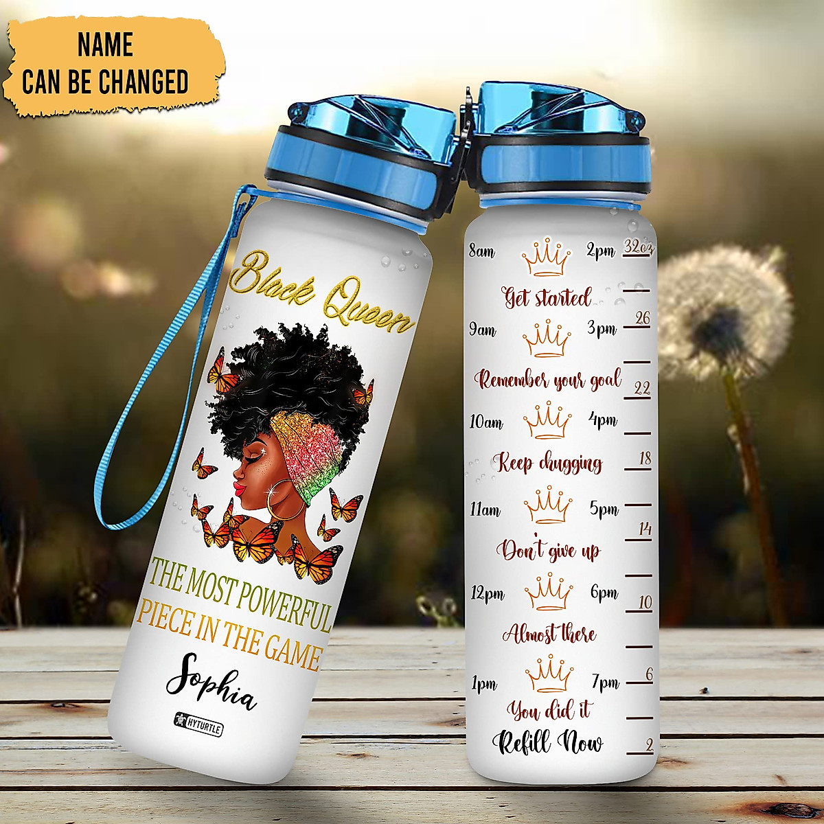 HYTURTLE Personalized Black Queen The Most Powerful Butterfly 32oz Liter Motivational Water Bottle, Customized Name Africa American With Time Marker, Gifts For Black Women On Birthday Mother's Day