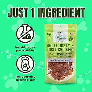 Gourmet Jerky Dog Treats - Natural Dog Treat Chicken Jerky for Dogs, Nutritious and Tasty Dog Jerky Treats Made in USA only, Cage-Free Chicken, No Additives(Mika & Sammy's Unlcle Justy's 5 oz)