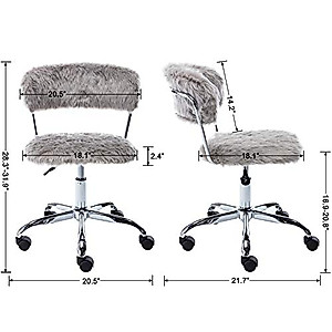 Grey Comfy Home Office Chair, Modern Cute Fluffy Armless Task Chair with Wheels, Faux Fur Upholstery
