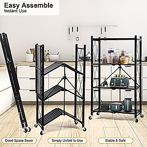 HealSmart 4-Tier Heavy Duty Foldable Metal Rack Storage Shelving Unit, Black & 3-Tier Heavy Duty Foldable Metal Rack Storage Shelving Unit with Wheels Moving Easily Organizer Shelves, Black