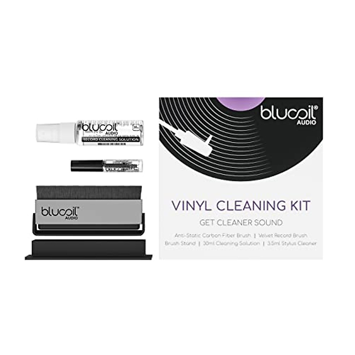 Blucoil Cleaning Kit for Turntable Stylus, LP and Vinyl Records - Anti-Static Carbon Fiber Brush, Velvet Record Cleaning Brush Stand 30ml Vinyl Record-Cleaning Solution 3.5ml Stylus Cleaner Fluid
