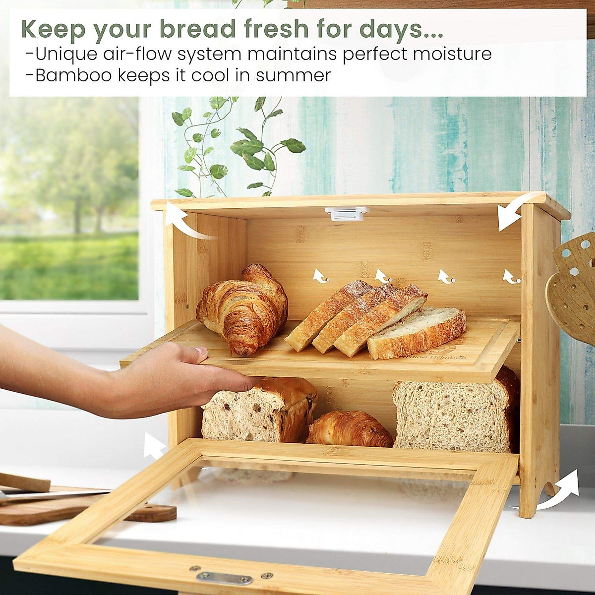 Pristine Bamboo Bread Box for Kitchen Countertop - Double Layer Bread Storage Bin with Clear Windows - Rustic Farmhouse Style Bread Bin, Wooden Large Capacity Bamboo Food Storage Bin (Self-Assembly)