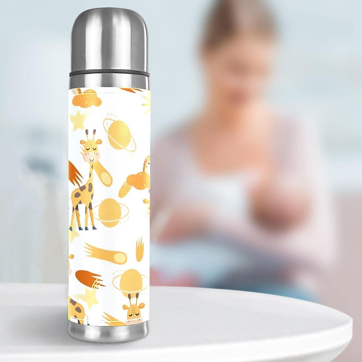 Stainless Steel Leather Vacuum Insulated Mug Giraffe Thermos Water Bottle for Hot and Cold Drinks Kids Adults 16 Oz