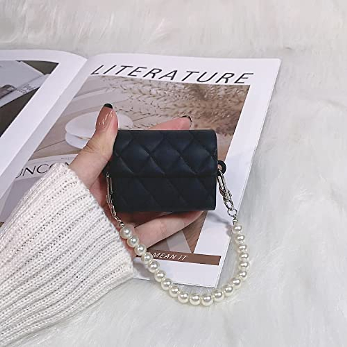 Lovmooful AirPods Case for AirPods Pro, Cute Luxury Cartoon Lattice Bag Design with Pearl Chain Soft Silicone Protective Cover for Women Girls AirPods Pro Charging Case Cover - Black