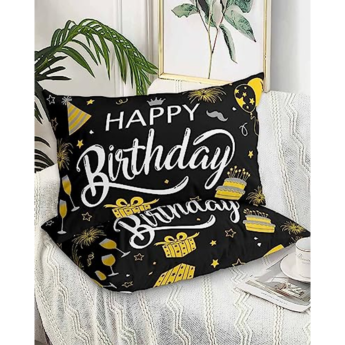Edwiinsa Happy Birthday Pillow Covers Standard Size Set of 2 20x26 Bed Pillow, Yellow Cake Birthday Gifts Balloon Black Plush Soft Comfort for Hair/Skin Cooling Pillowcases with Envelop Closure