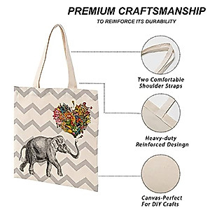 Canvas Shoulder Bag,Light Grey Geometric Ripples Elephant and Heart Flower Tote Bag for Books,Birthday Inspirational Gifts