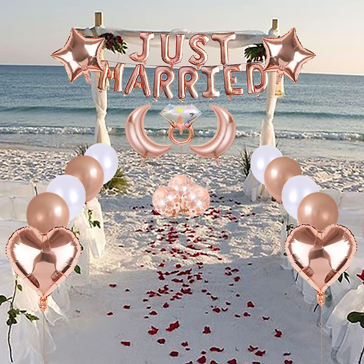 Maigendoo Wedding Balloons Set Just Married Banner Heart Star Moon Foil Mylar Balloon Diamond Balloon Confetti Balloon Latex Balloons Kit for Bridal Shower Wedding Engagement Party Decorations