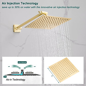 Hoimpro Adjustable Extension Shower Arm Shower System with 8 Inch Rain Shower Head Wall Mounted Shower Kit, Bathroom Rainfall Shower Faucet Fixture Combo Set with Rough-in Valve Body, Brushed Gold