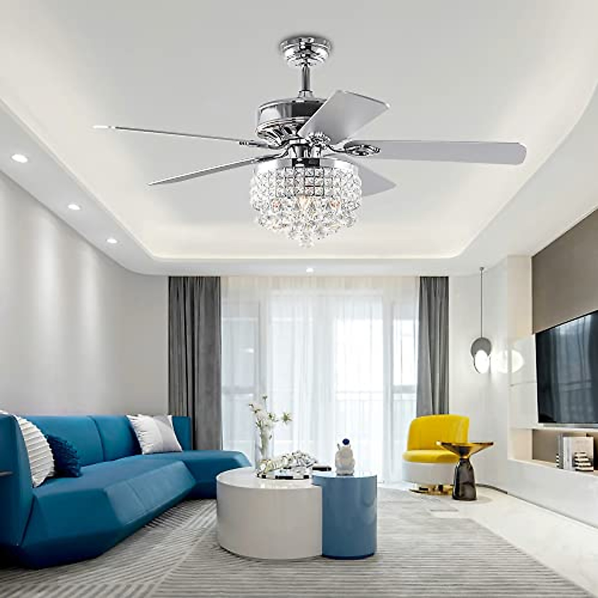 Tropwellhouse LuxureFan 52" Crystal LED Chrome Ceiling Fan Light Fixture Gorgeous Crystal 5 Reverse Wood Blades Modern Chandelier with Remote Control Decoration Home/Living Room