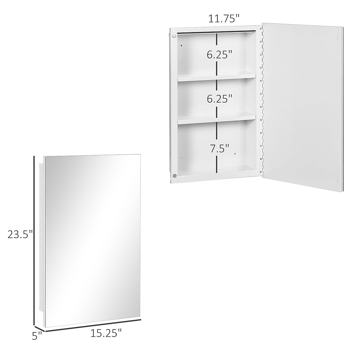 kleankin Recessed Medicine Cabinet, Stainless Steel Bathroom Mirror Cabinet with Door and Storage Shelves, White