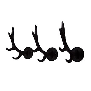 Wowser Four Point Black Deer Antler Cast Iron Wall Mount Coat Hooks, 5 1/2 Inch, Set of 3