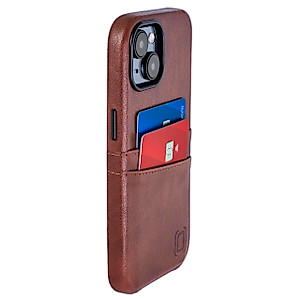 Dockem Card Case for iPhone 15 with Built-in Metal Plate for Magnetic Mounting & 2 Card Holder Pockets: Exec M2 Premium Synthetic Leather Wallet Case (iPhone 15, Brown)