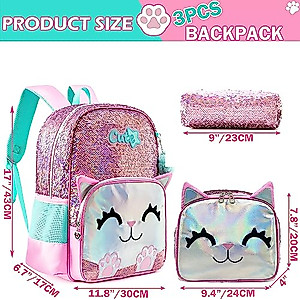 Meetbelify Cute Backpack for Girls Pink Cat School Backpacks Kids Sequin Bookbag for Elementary Kindergarten Students with Lunch Box Pencil Case for Girls 5-12 Years Old