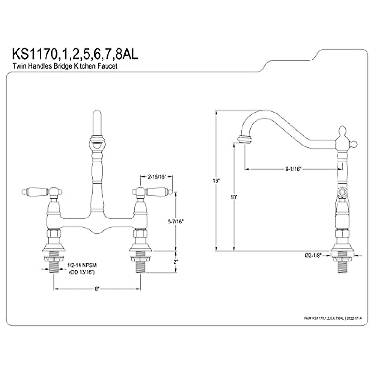 Kingston Brass KS1178AL Heritage 8-Inch Kitchen Faucet Without Sprayer, Brushed Nickel